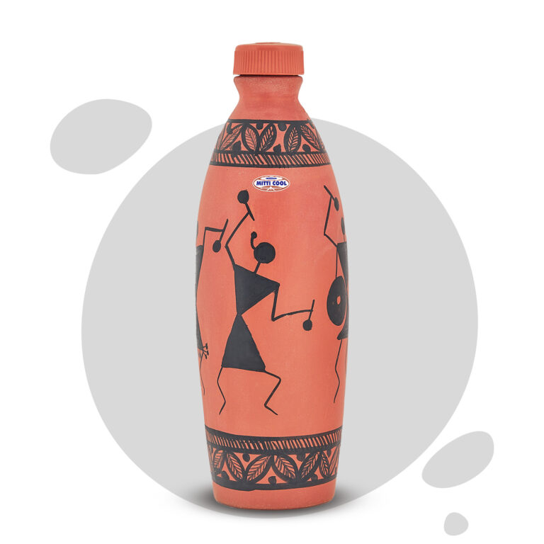 Clay Water bottle – 1 Liter Warli Timpany Design – Mitticool