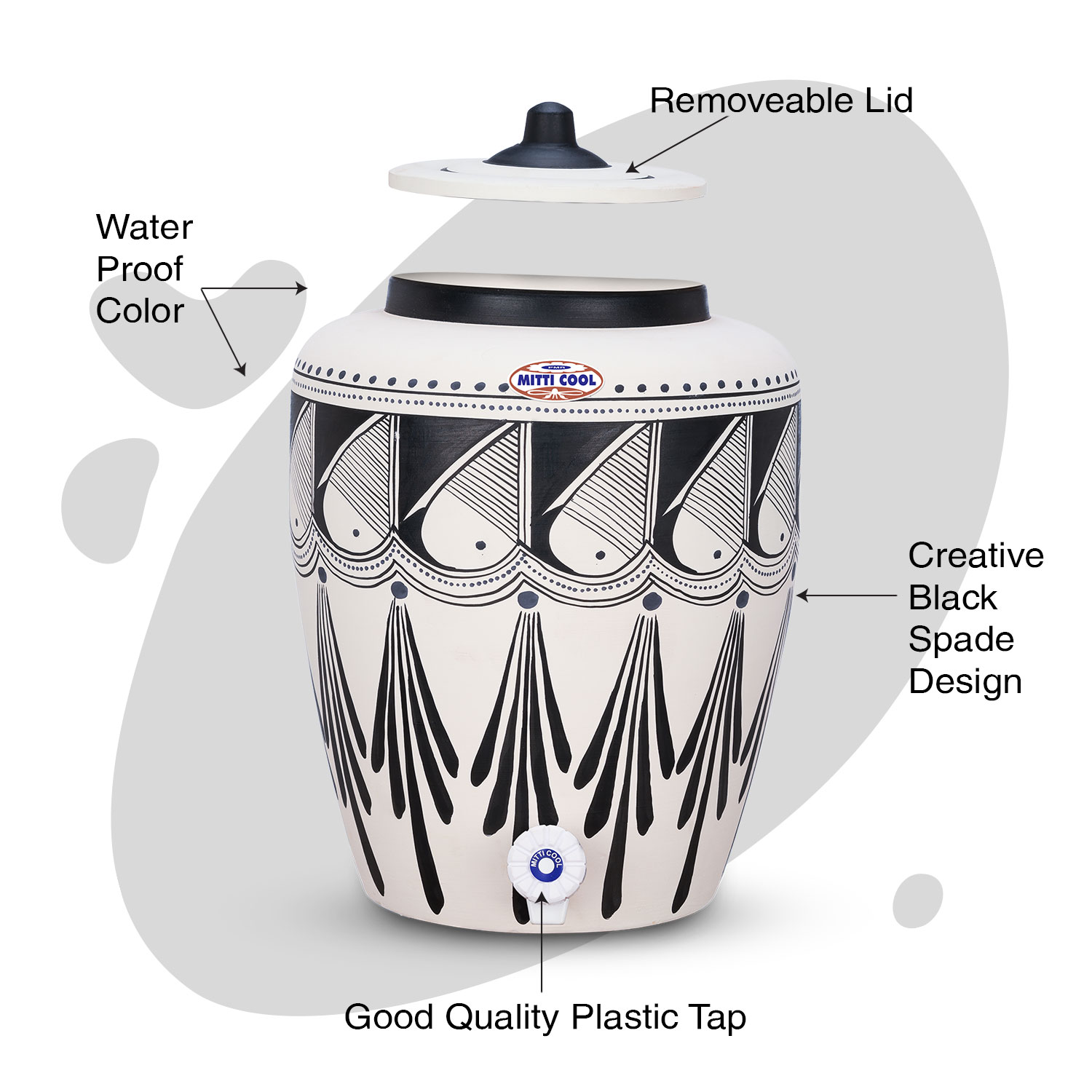 Clay Water Pot 11 Liter Black Spade Design - Mitticool